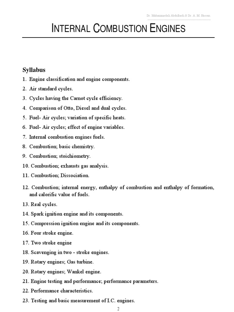 Syllabus for a Course on Internal Combustion Engines Covering Fundamental Concepts, Engine ...