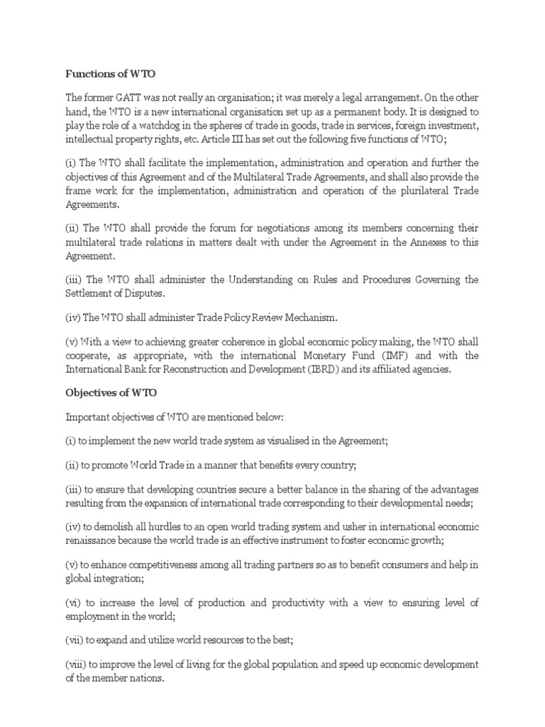 Functions of WTO | PDF | World Trade Organization | International Relations