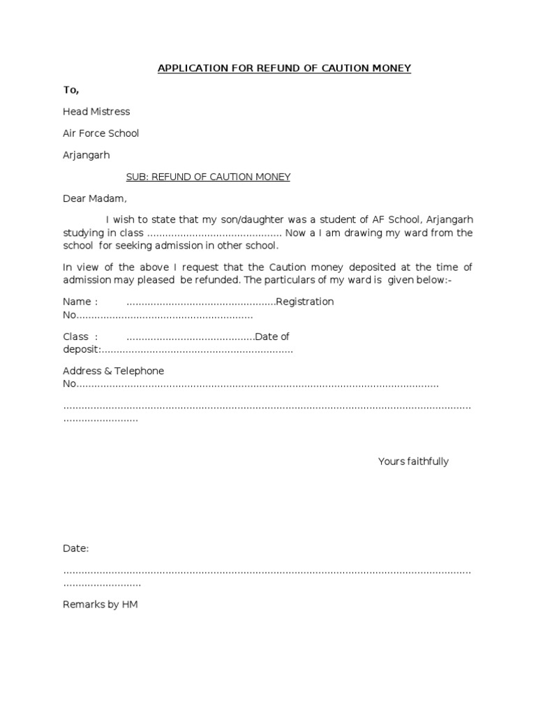 Application For Refund of Caution Money | PDF | Schools | Business