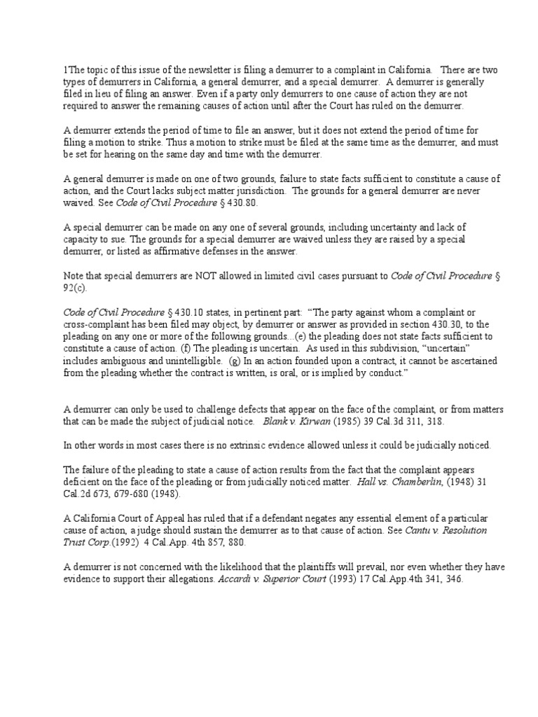 Demurrer to Complaint in California | Demurrer | Pleading