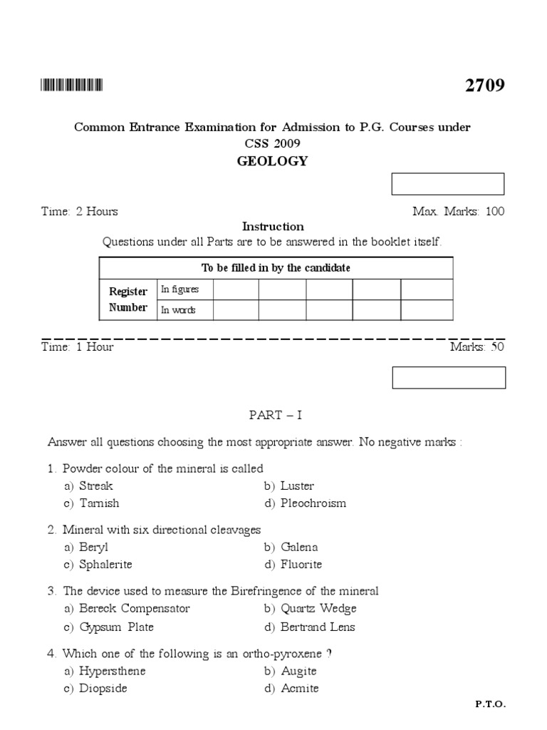 MSC Geology Kerala University Entrance Question Paper 2009 | PDF ...