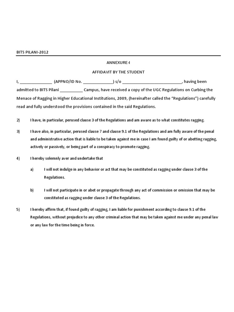 Anti Ragging Affidavit Form | PDF