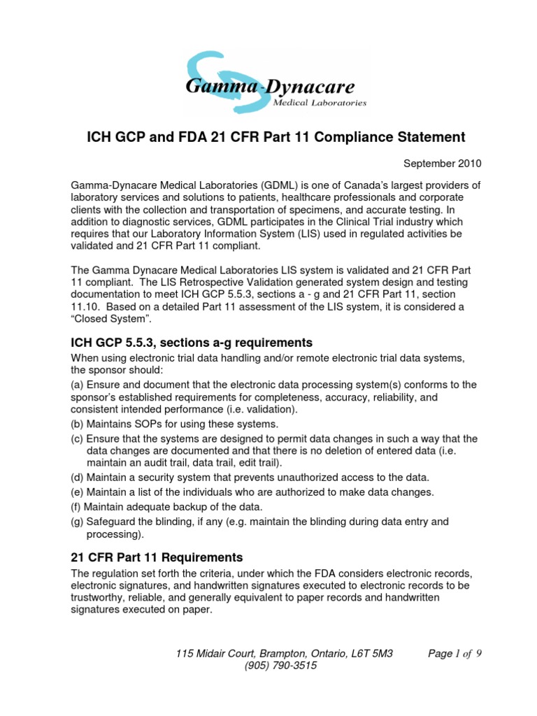 ICH GCP 21 CFR PART 11 Compliance Statement (5) | Records Management ...