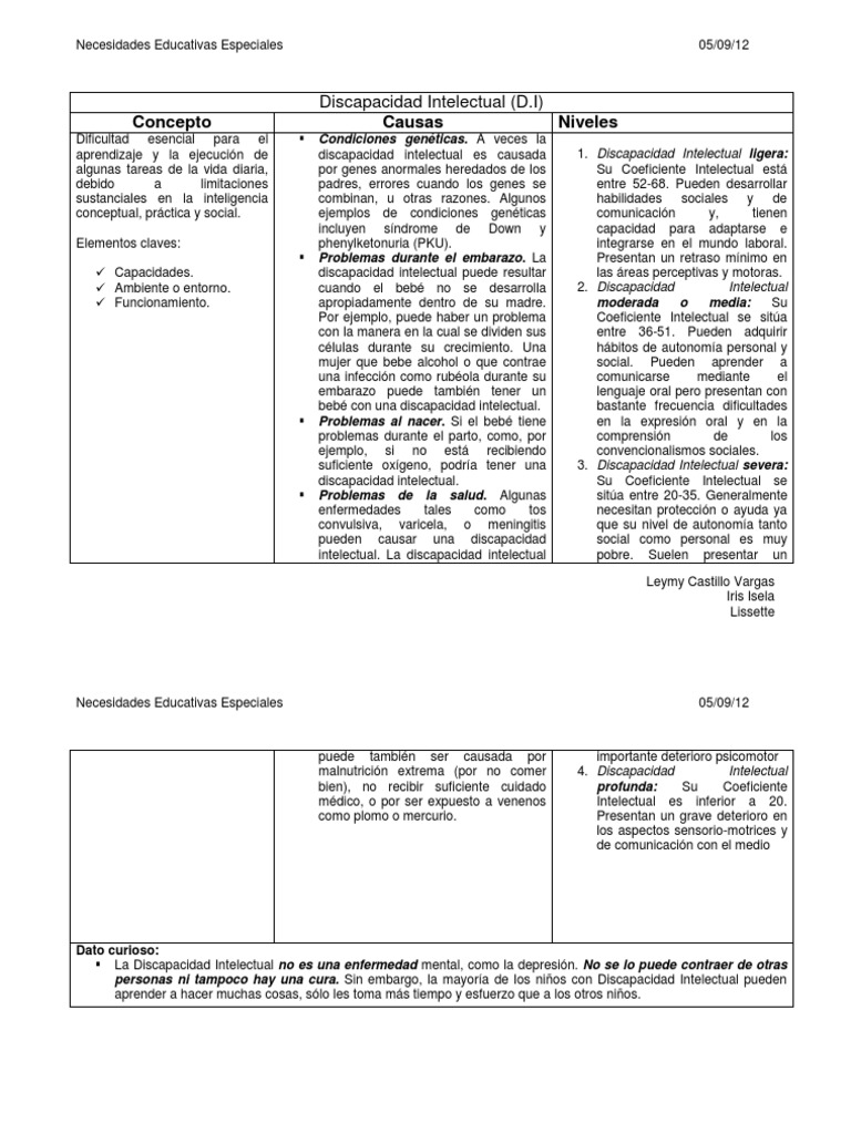 Discapacidad Intelectual Cuadro | PDF | Discapacidad intelectual | Invalidez