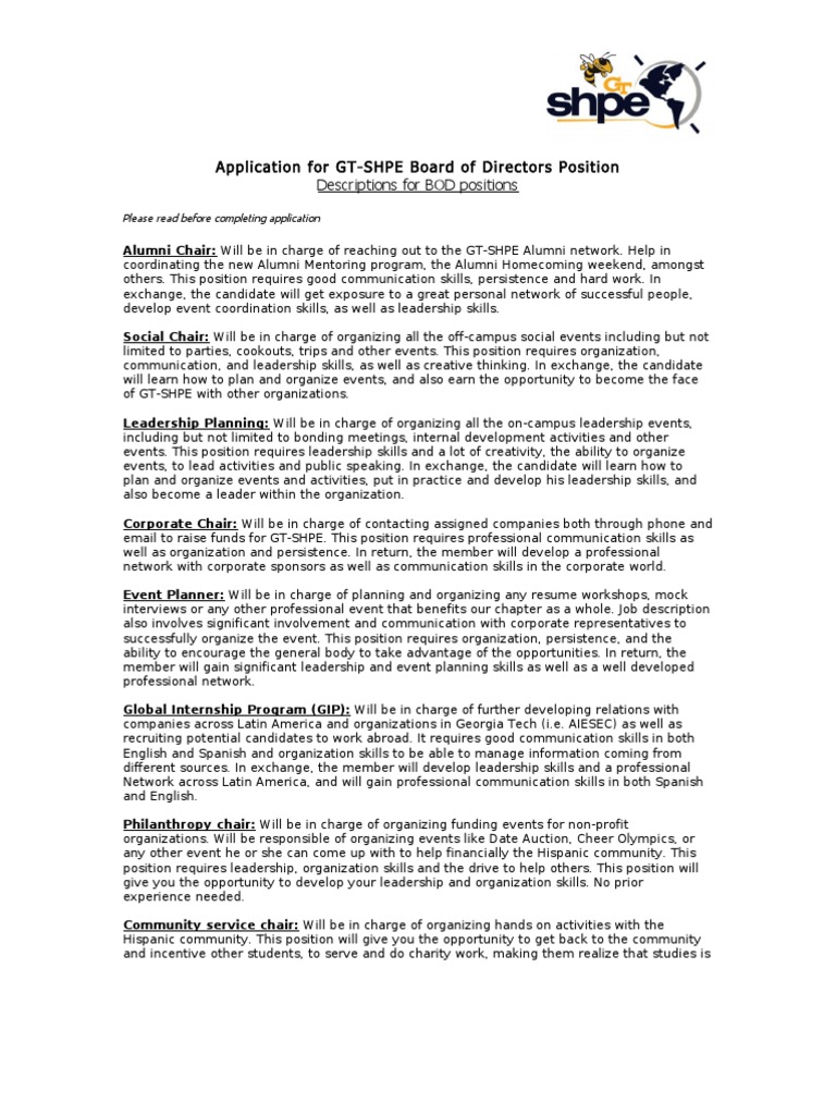 GT-SHPE Board Position Applications | PDF
