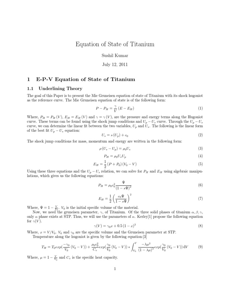 Equation of State of Titanium | PDF | Equations | Chemical Product ...