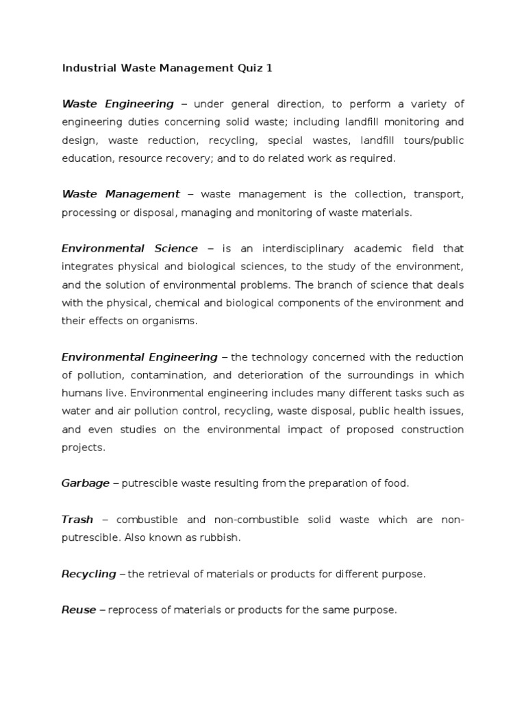 Industrial Waste Management Quiz 1 | PDF | Waste Management | Municipal ...