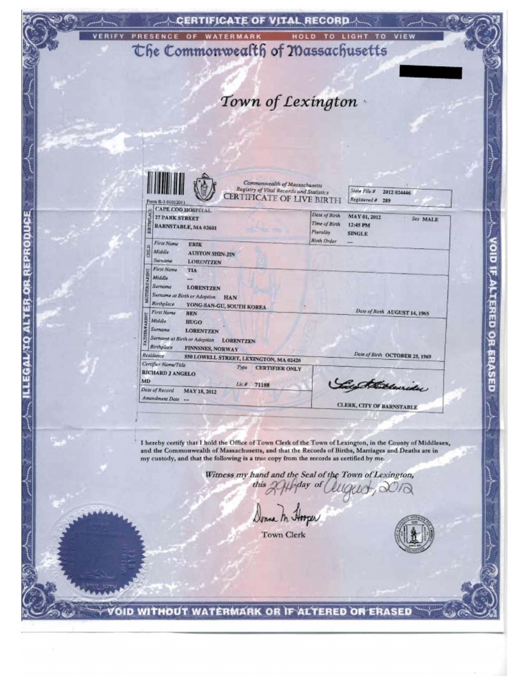 In Jin Moon & Ben Lorentzen Son Auston Birth Certificate | PDF ...