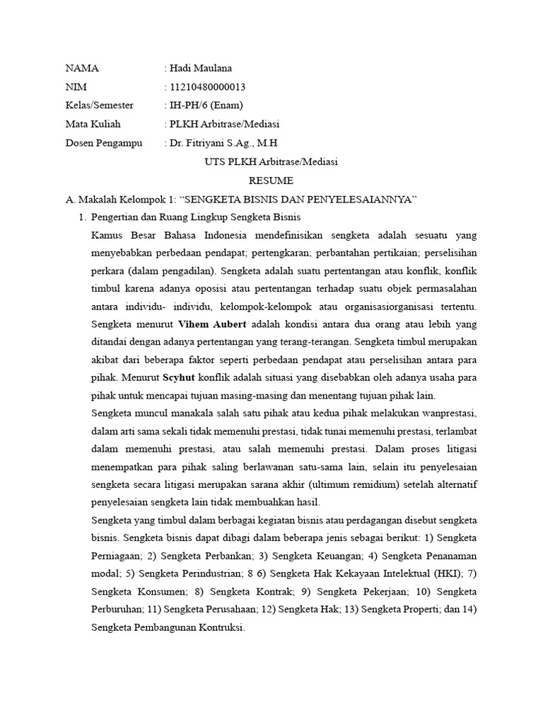 013_Hadi Maulana_Resume UTS PLKH Arbitrase Dan Mediasi | PDF