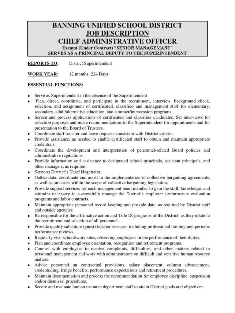 Job Description, Banning Unified Chief Administrative Officer | PDF ...