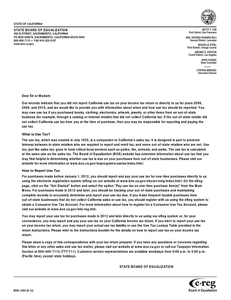 BOE Letter To Taxpayers Informing Them of Use Tax | PDF | Use Tax | Tax ...