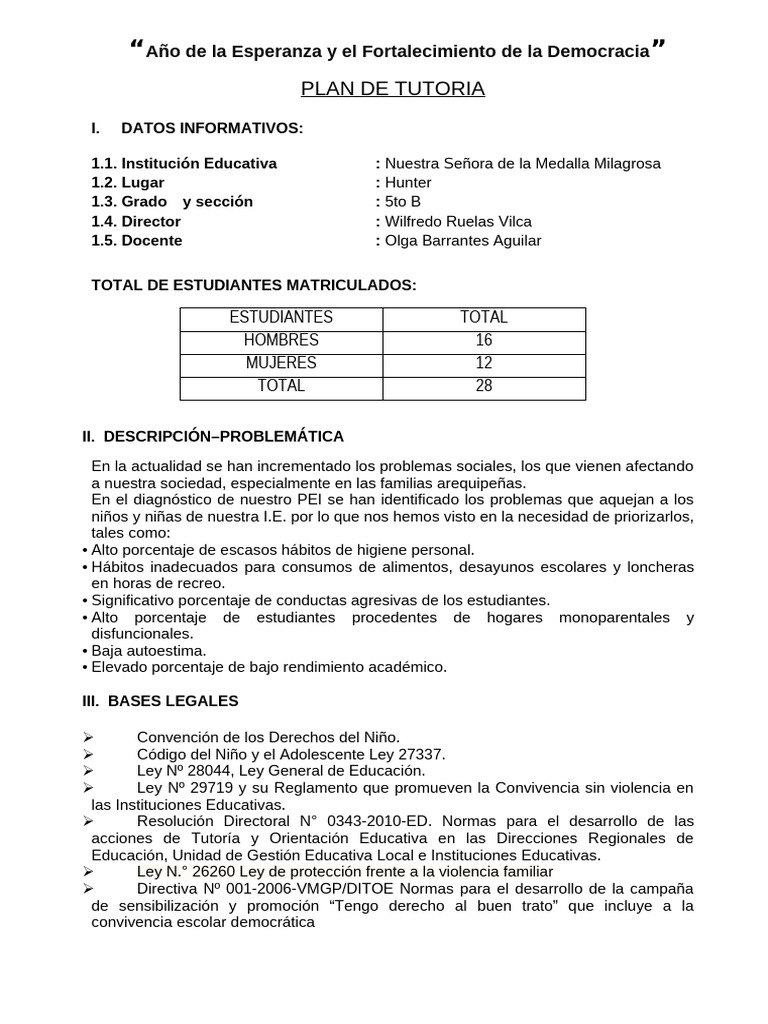 Plan de Tutoria Quinto Grado b 2026 | PDF | Violencia | Escuelas