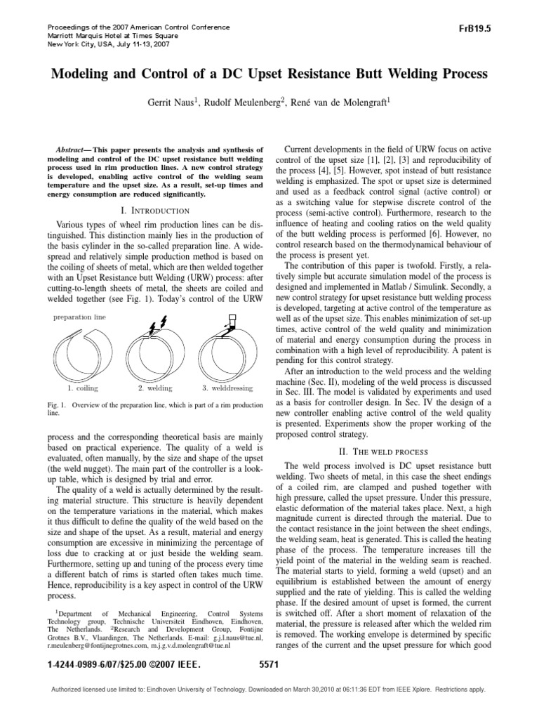 Modeling and Control of A DC Upset Resistance Butt Welding Process ...