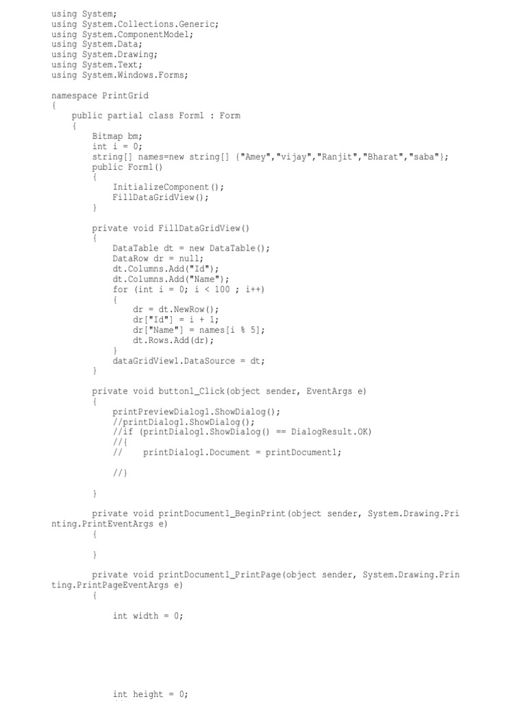 Print Datagridview C# Code | PDF | Computer Graphics | Computer Programming