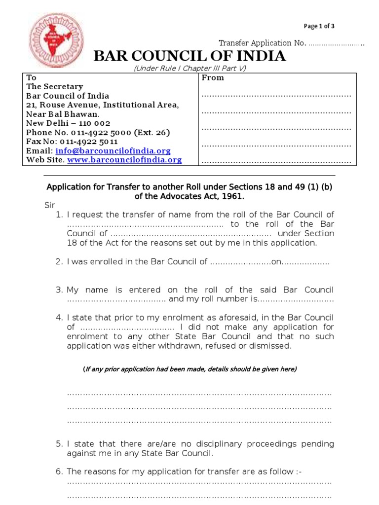 Bar Council Transfer Application Form | PDF | Advocate | Virtue