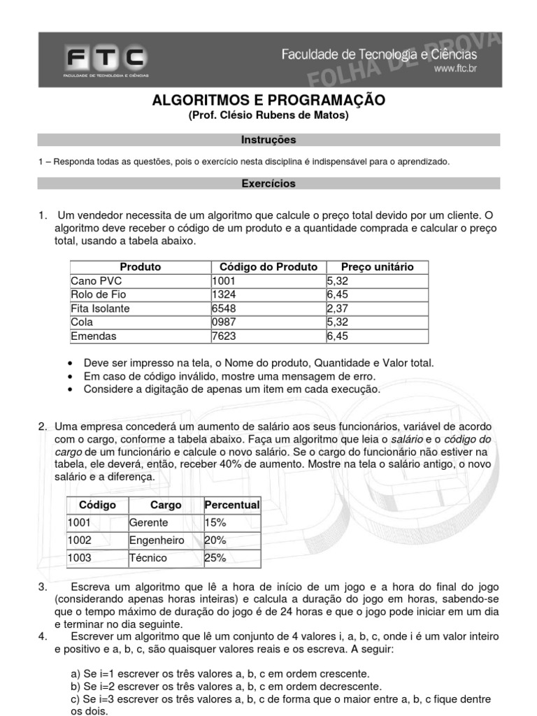 ExercicioAlgoritmo I Unid | PDF | Métodos e Materiais de Ensino | Computadores