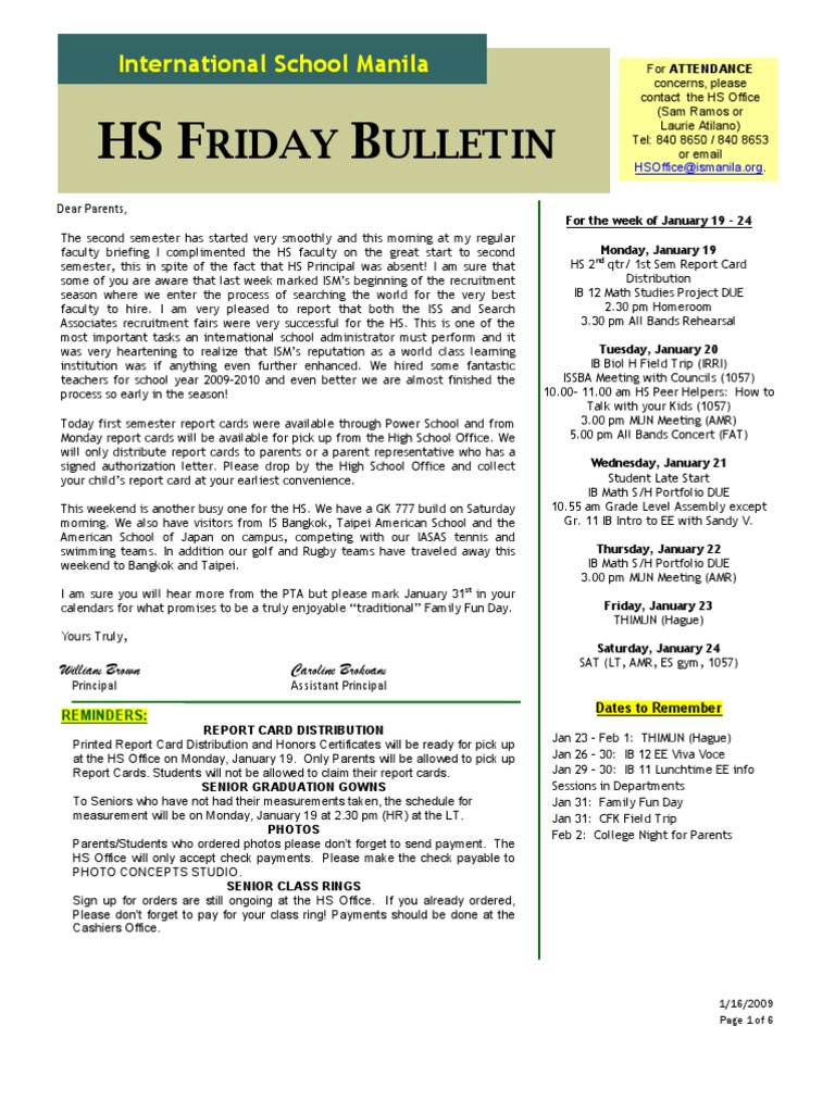 HS Friday Bulletin 01.16.09 | PDF