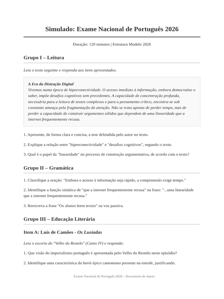 Mock Exame Portugues 2026 | PDF