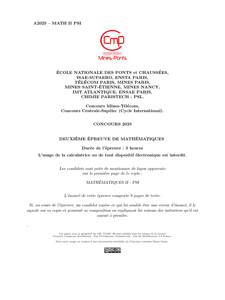 Concours_Commun_Mines-Ponts_(CCMP)_2025_PSI_Mathématiques_2_e | PDF ...