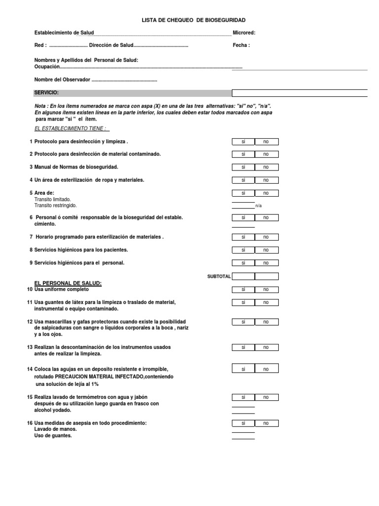Lista de Chequeo | PDF | Lavado de manos | Esterilización (Microbiología)