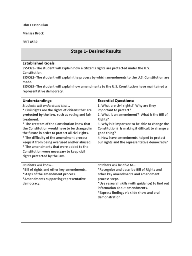 UBD Lesson Plan Amendments M. Brock FRIT 8530 | PDF | Sixth Amendment ...