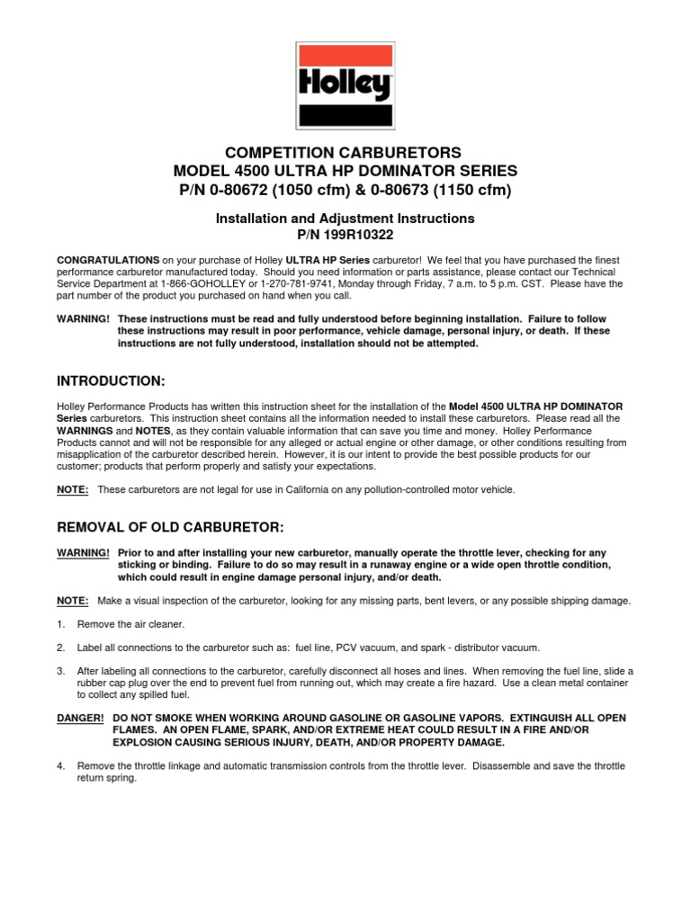 Holley Carburettor 4500 Ultra HP Dominator Instructions | PDF ...