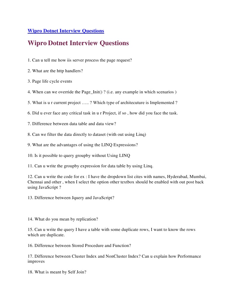 Wipro Dotnet Interview Questions Guide | PDF | Computers