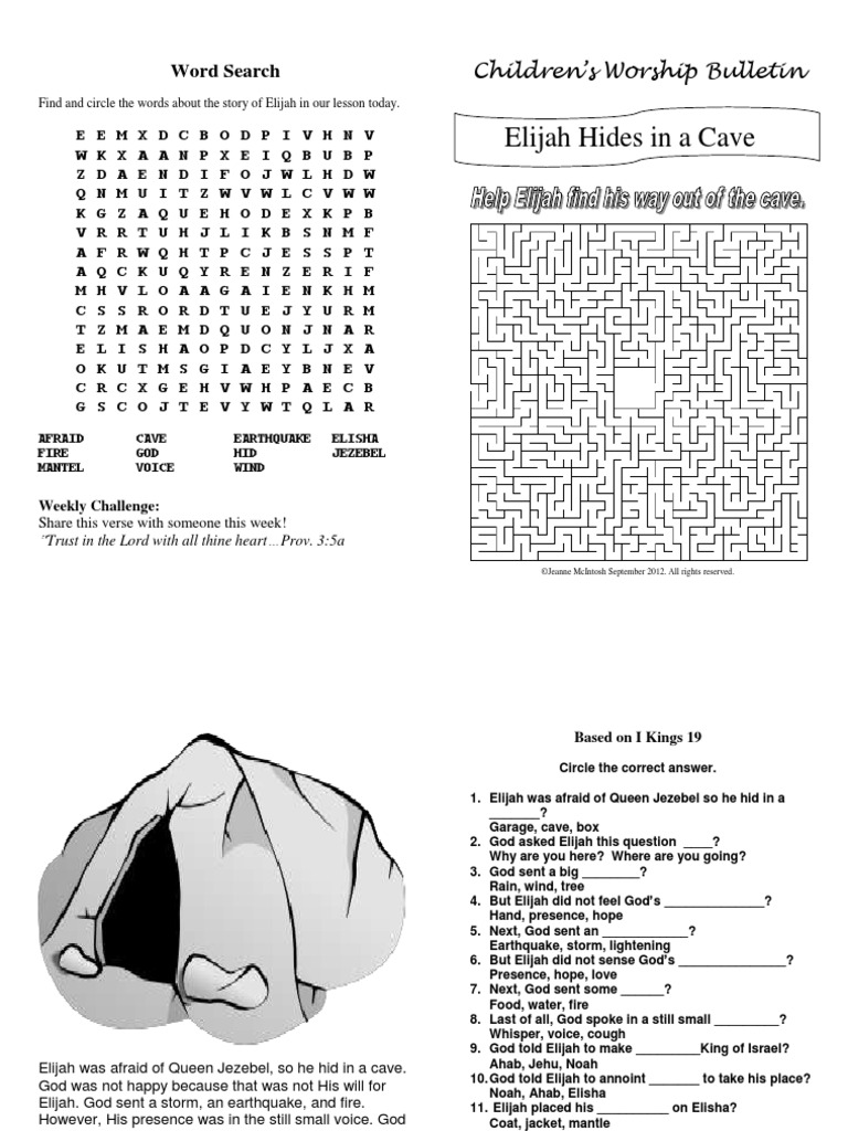 Elijah Hides in a Cave Children's Worship Bulletin