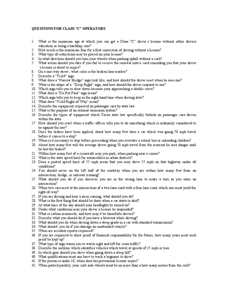 Questions For Class "C" Operators | PDF | Speed Limit | Traffic