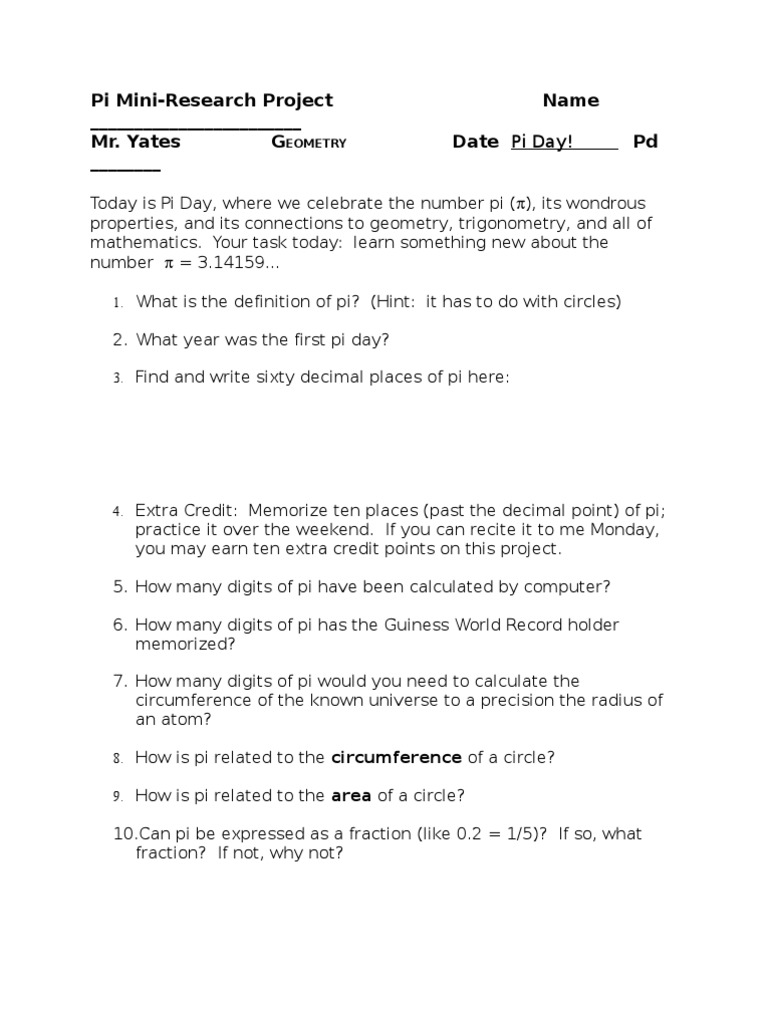 Pi Scavenger Hunt | PDF | Pi | Numbers