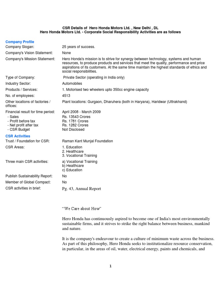 Hero Honda CSR | PDF | Corporate Social Responsibility | Incineration