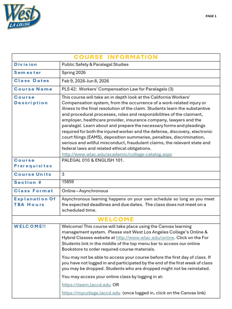 2026 Spring - Syllabus PLS 42 | PDF | Paralegal | Workers' Compensation