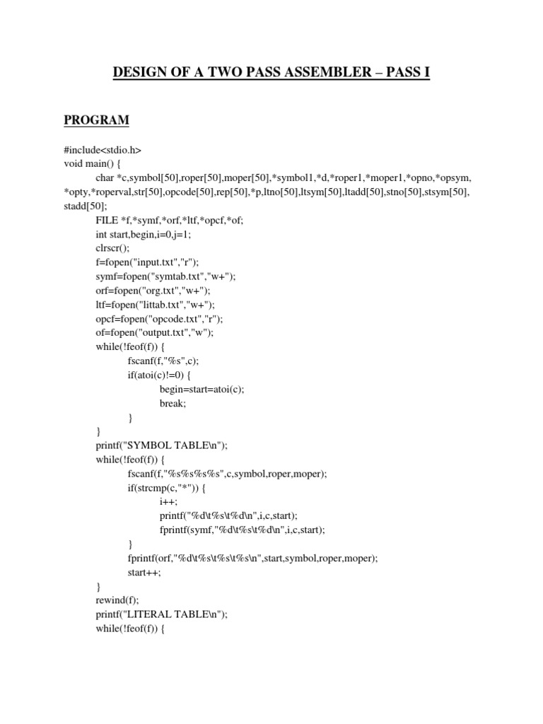 Design of A Two Pass Assembler - Pass I: Program | PDF
