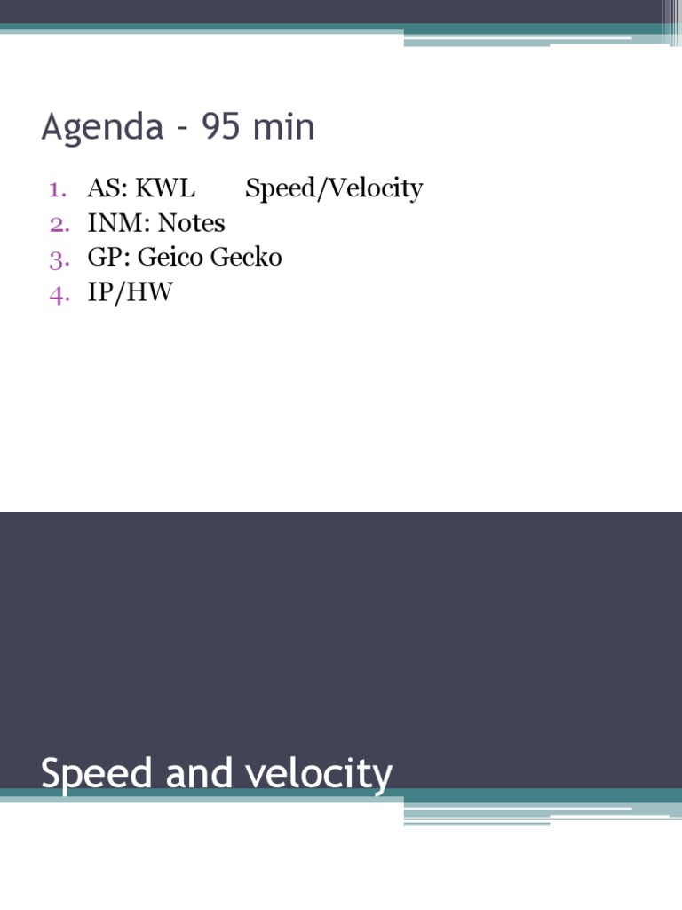 Agenda - 95 Min: As: KWL Speed/Velocity INM: Notes GP: Geico Gecko Ip ...