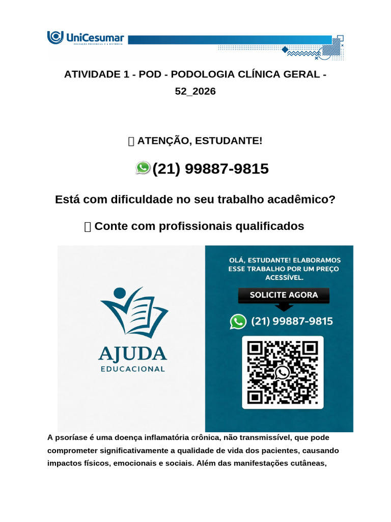 ATIVIDADE 1 - POD - PODOLOGIA CLÍNICA GERAL - 52_2026 | PDF | Psoríase ...