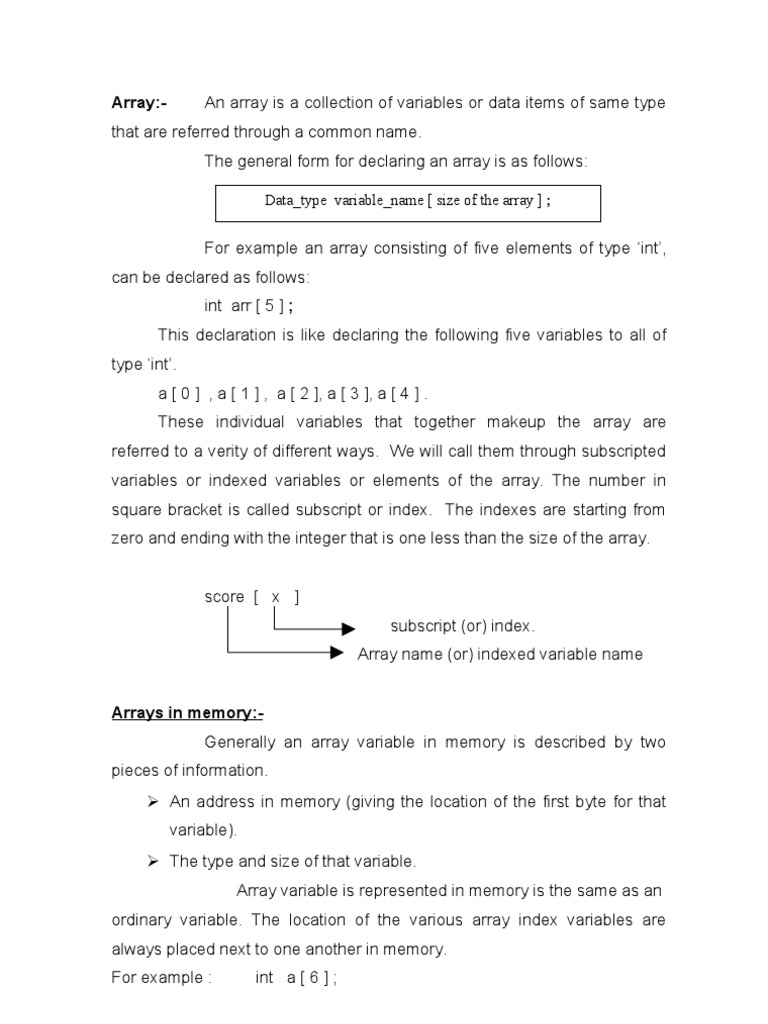 Array Data Type Variable Name Size Of The Array Pdf Array 