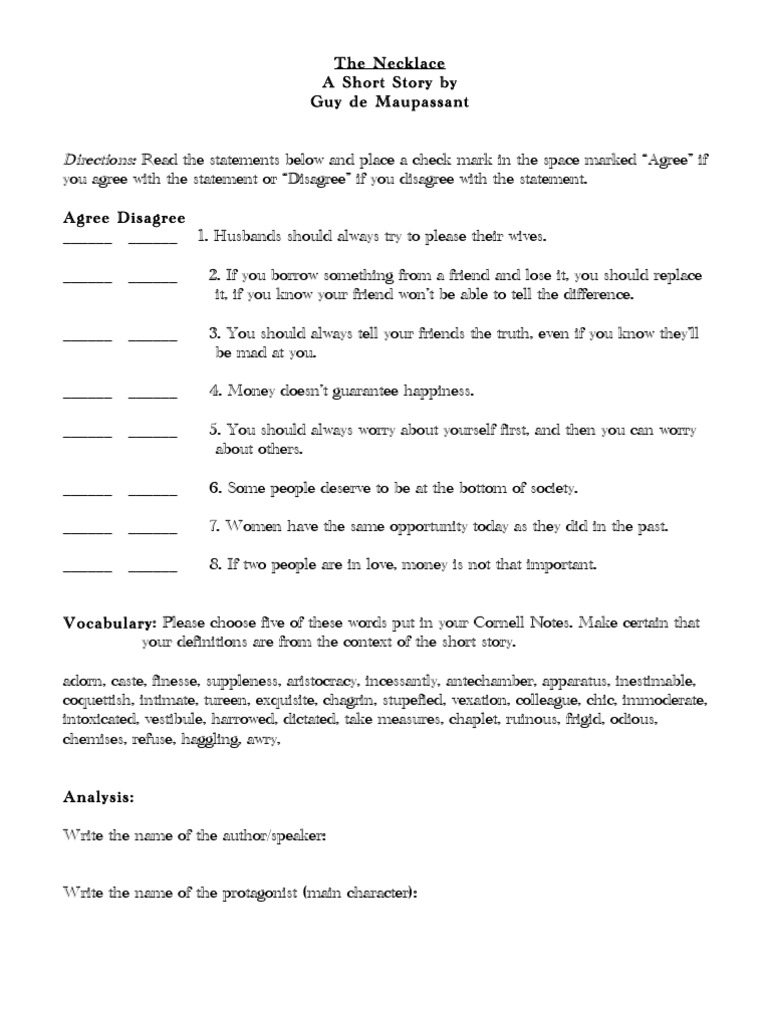 The Necklace Student Worksheet | PDF | Narration