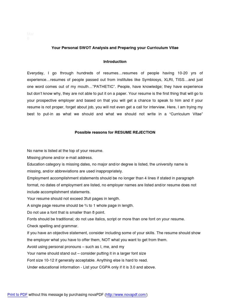 Your Personal SWOT Analysis and Preparing Your Curriculum Vitae | PDF ...