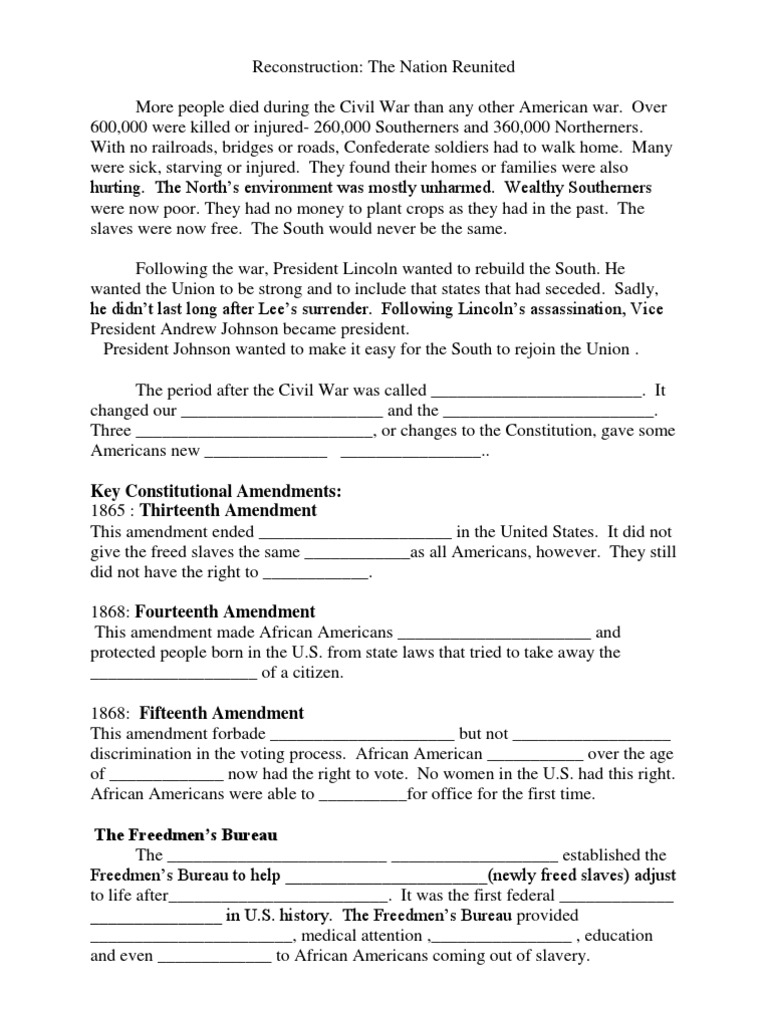 Civil War - Reconstruction Notes PDF | PDF | Freedman | Reconstruction Era