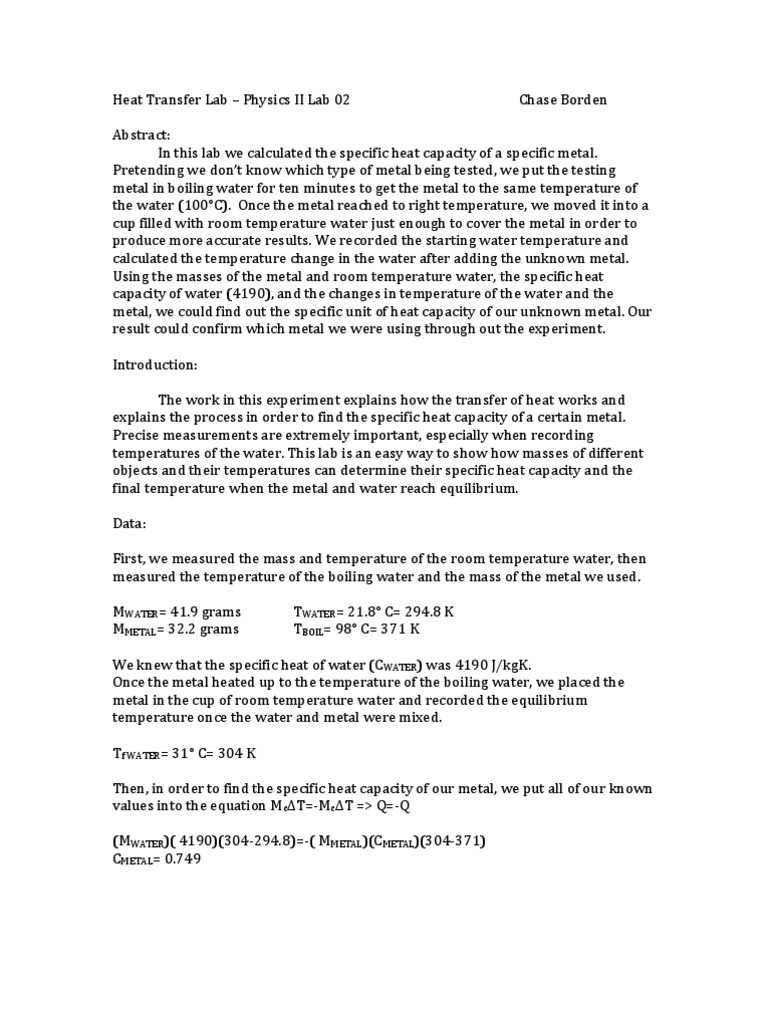 Heat Transfer Lab-Physics II | PDF | Temperature | Heat Capacity