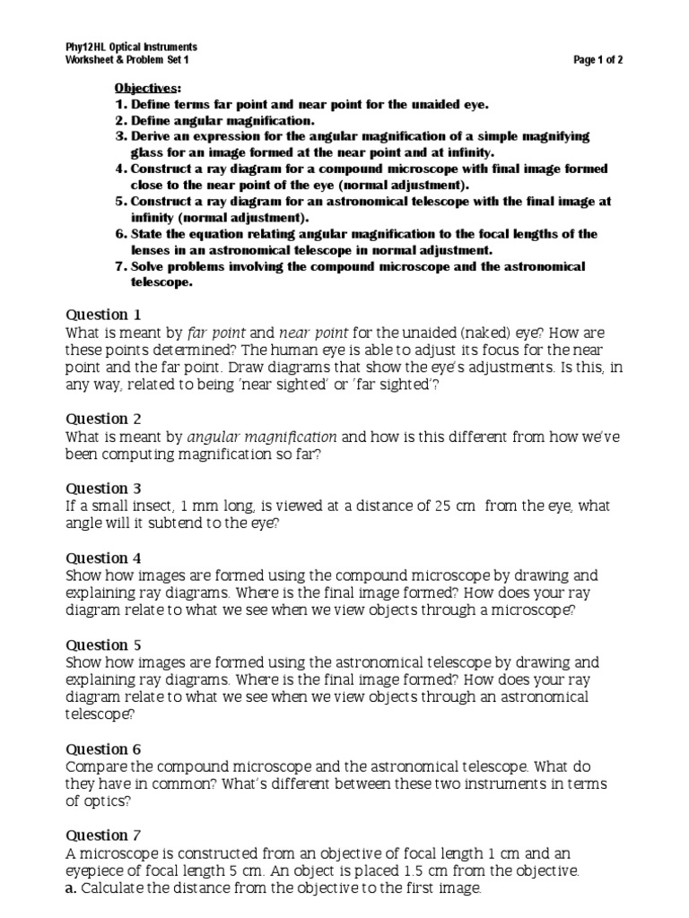 Phy12HL Optical Instruments Worksheet & Problem Set 1 Page 1 of 2 | PDF ...