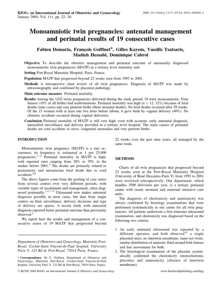 Monoamniotic Twin Pregnancies: Antenatal Management and Perinatal ...