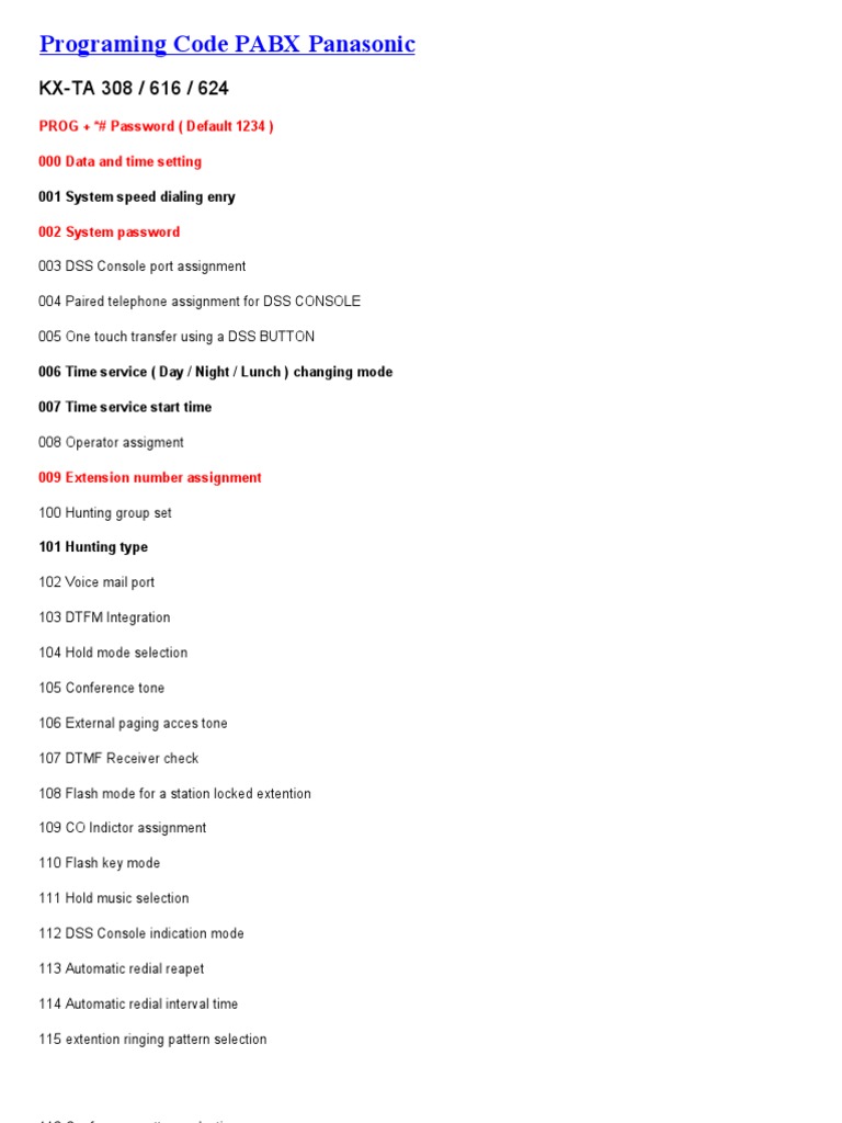 Programing Code PABX Panasonic | PDF | Teaching Methods & Materials ...
