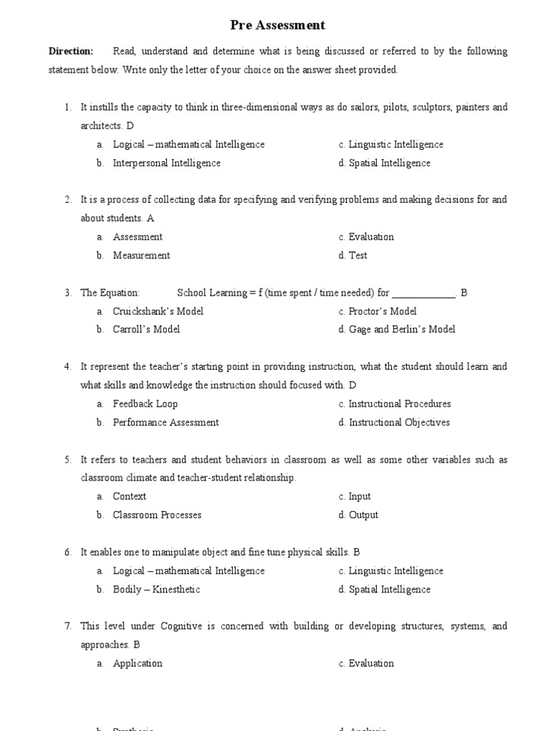 Pre Assessment Sample | PDF | Educational Assessment | Intelligence