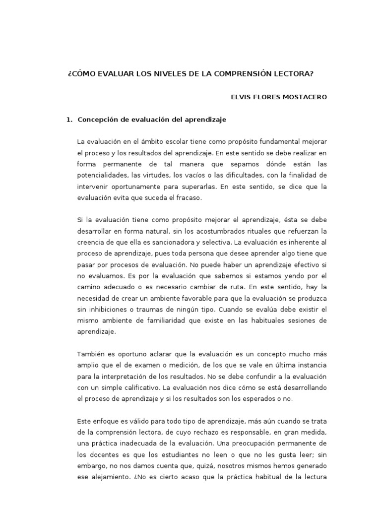 ¿Cómo Evaluar Los Niveles de La Comprensión Lectora | PDF | Lectura ...