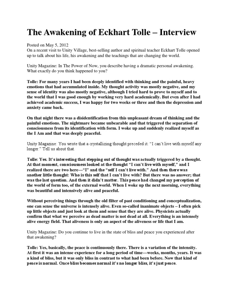 The Awakening Of Eckhart Tolle Pdf Consciousness Thought
