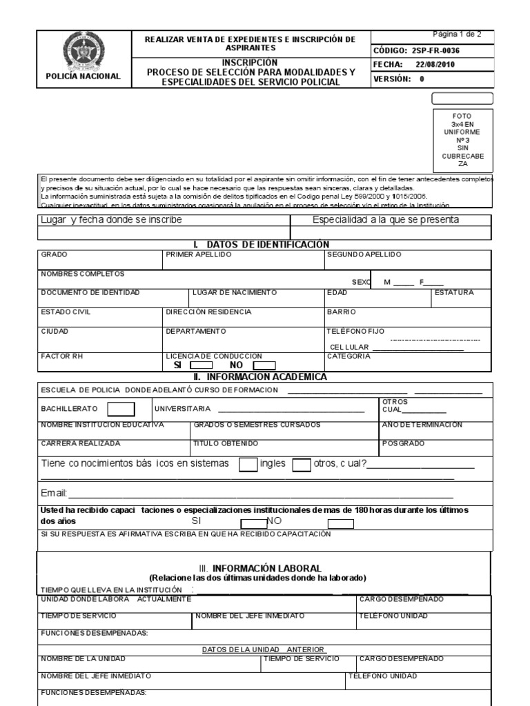 2SP-FR-0036 Formato Inscripción Selección Modalidades Especialidades | PDF