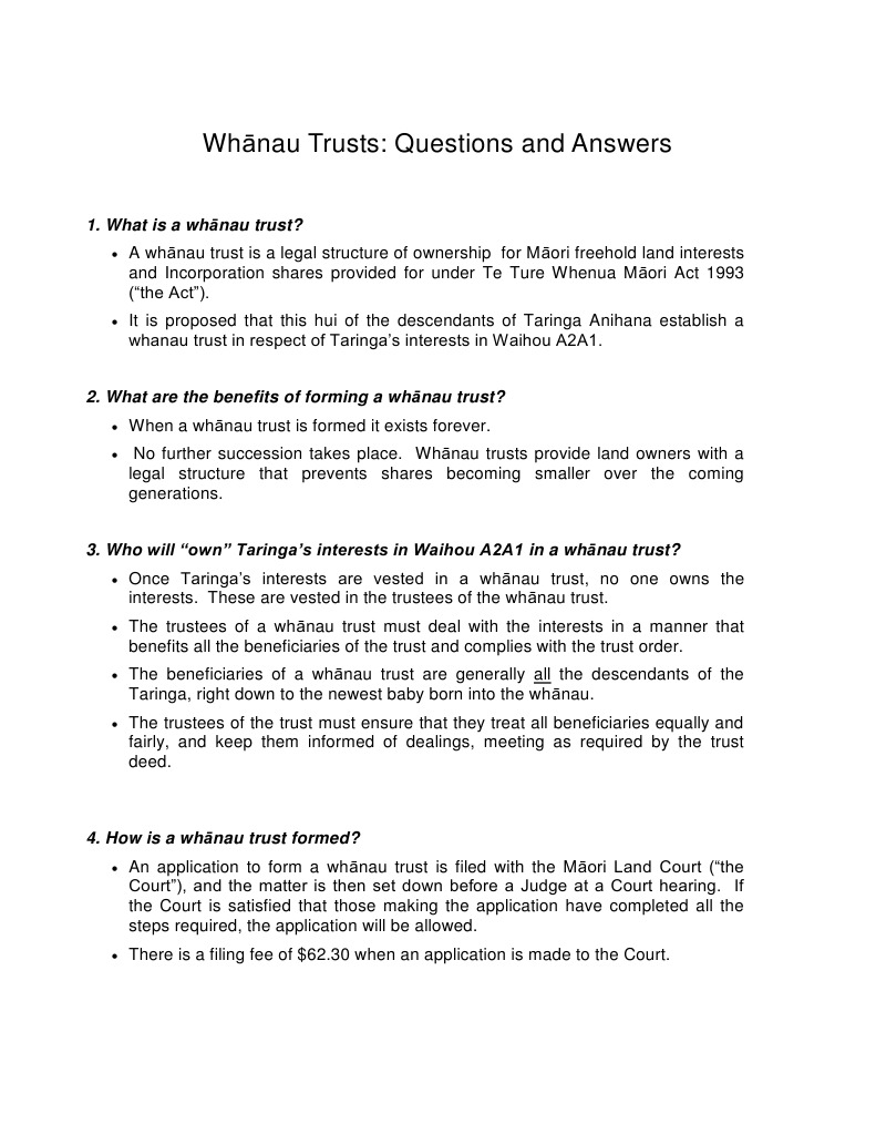 Whanau Trusts Questions and Answers | PDF | Beneficiary (Trust) | Trust Law