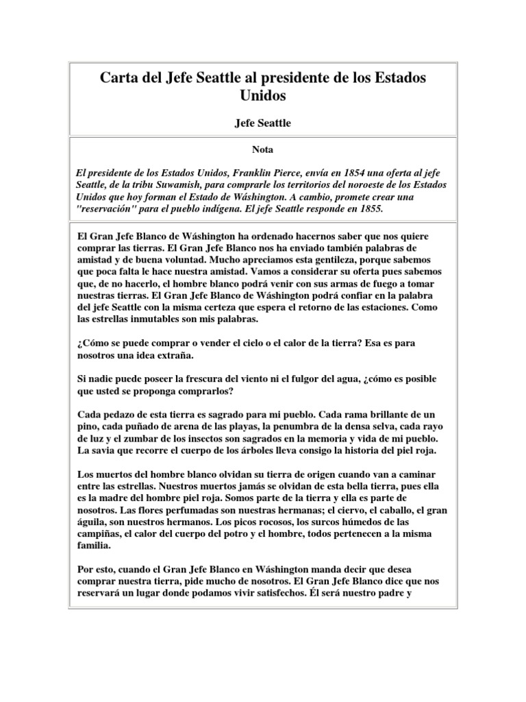 Carta Del Jefe Seattle Al Presidente de Los Estados Unidos | PDF ...