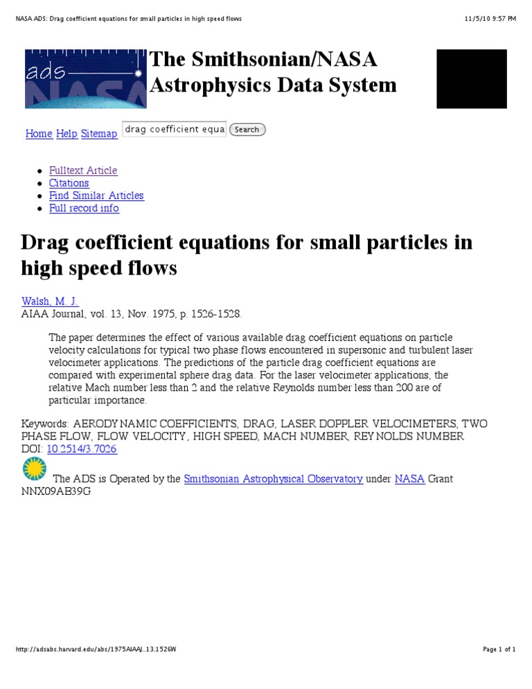 Drag Coefficient Equations For Small Particles in High Speed Flows ...